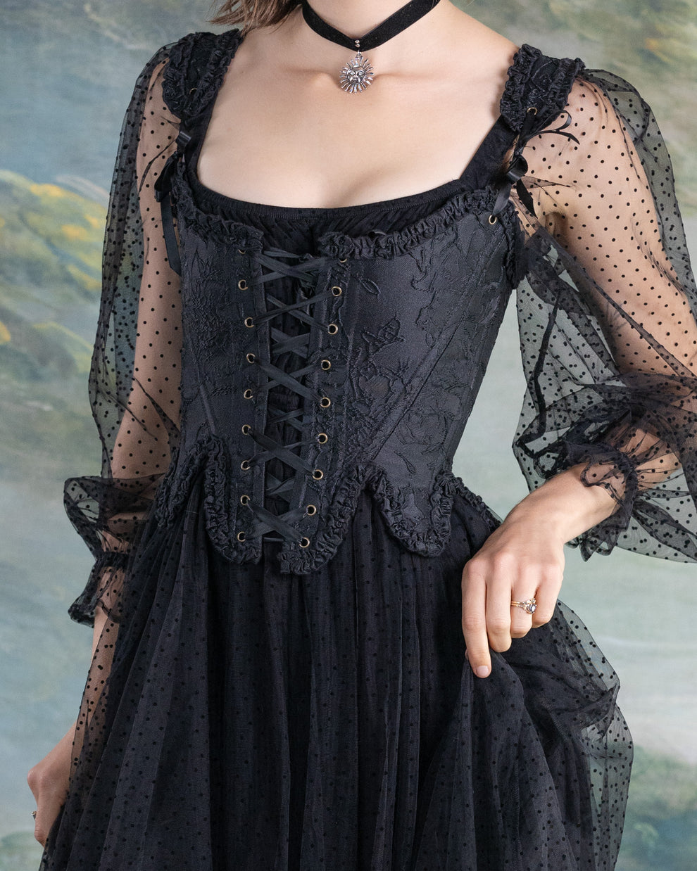 Black Floral Jacquard 18th Century Stays | Ruffle Rococo Corset ...