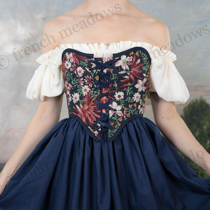 Dark Blue Floral Tapestry Corset | Floral Corset Renaissance Bodice ...