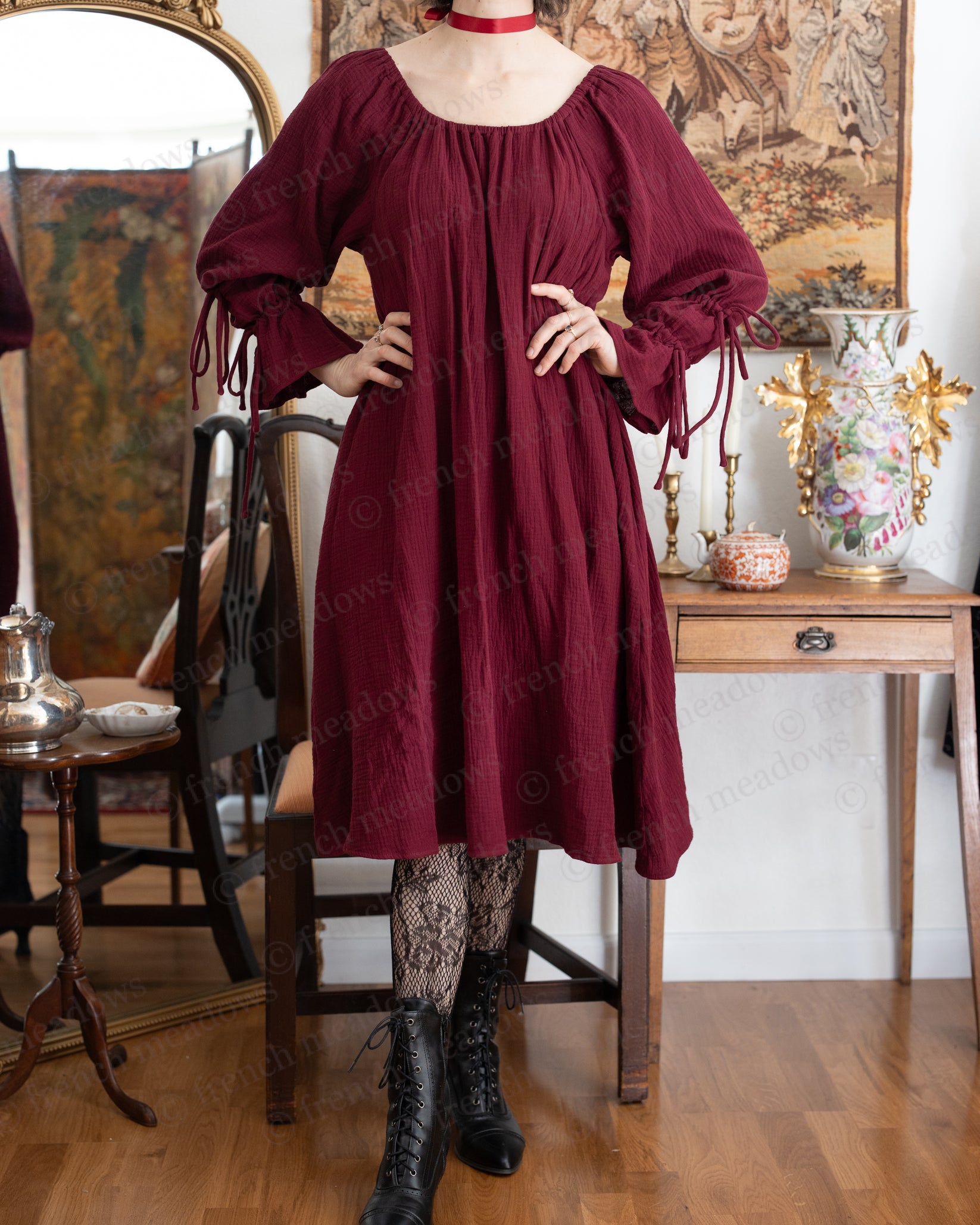 Dark Red Cotton Long Puff Sleeve Chemise – French Meadows