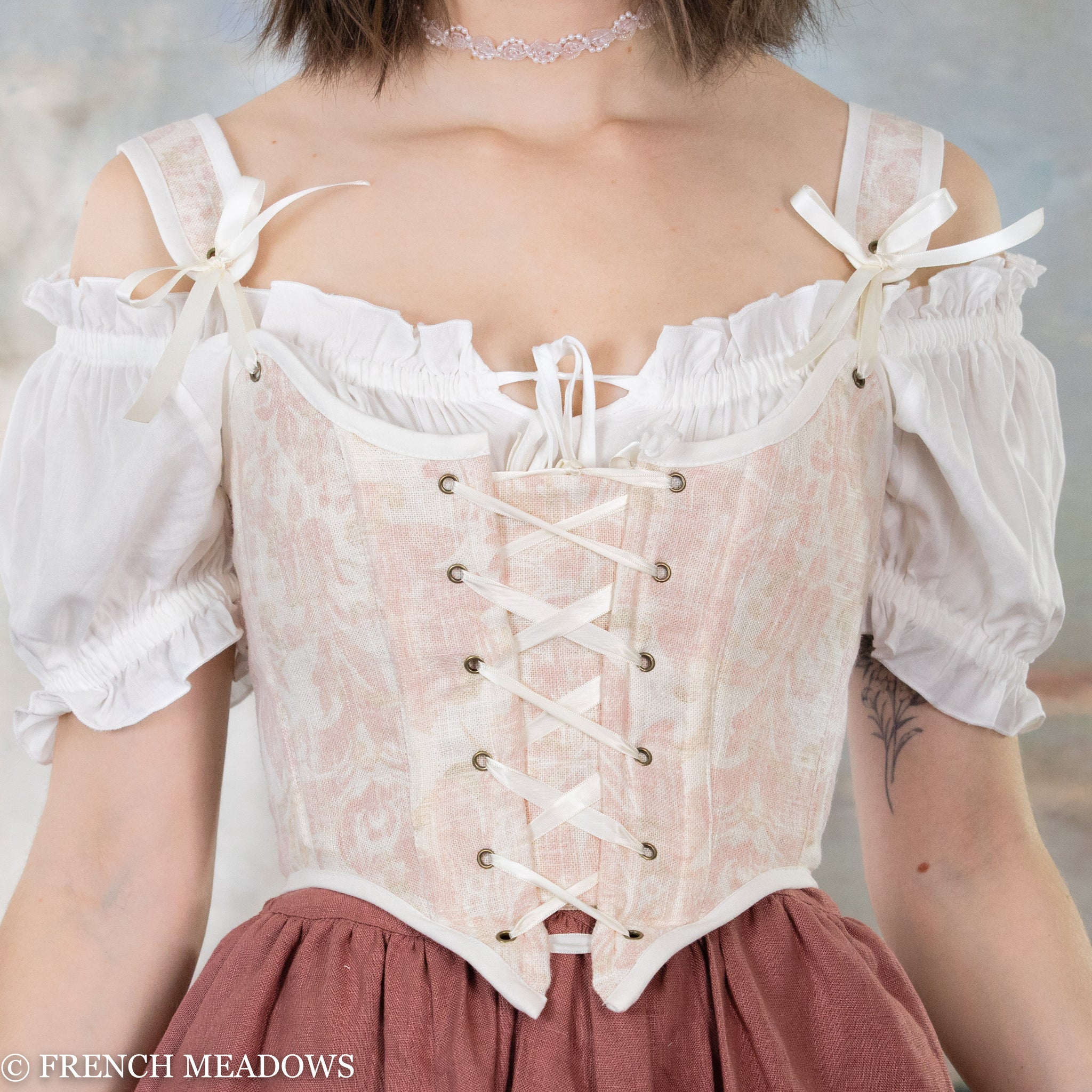 Handmade Pink and White Toile Renaissance Bodice – French Meadows
