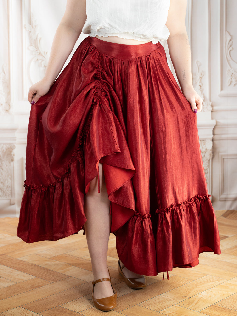 Dark Red Satin Ruffle Skirt | Rococo Bustle Skirt – French Meadows